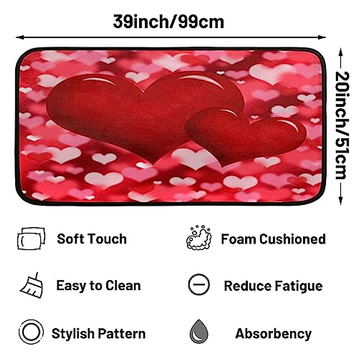 KOBLEN Red Love Hearts Kitchen Rugs Non Slip Washable Absorbent Kitchen Mats 20x39 inch Cushioned Anti Fatigue Kitchen Floor Mats for in Front of Sink