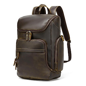 LANNSYNE Retro Distressed Cowhide Leather Backpack for Men fits 16" Laptop Rucksack Travel Weekender Daypack