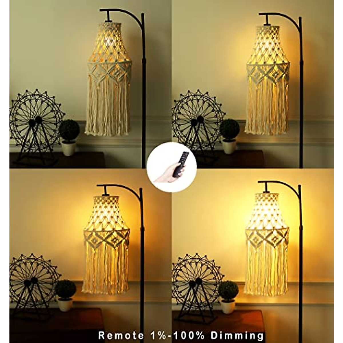 QIYIZM Boho Floor Lamp for Living Room Bedroom,Bohemian Standing Lamp with Control and Dimmable RGB Bulb,Farmhouse Adjustable Floor Light,Macrame Fringe Lamp Shades,Modern Arc Tall Lamp（Colorful Bulb）