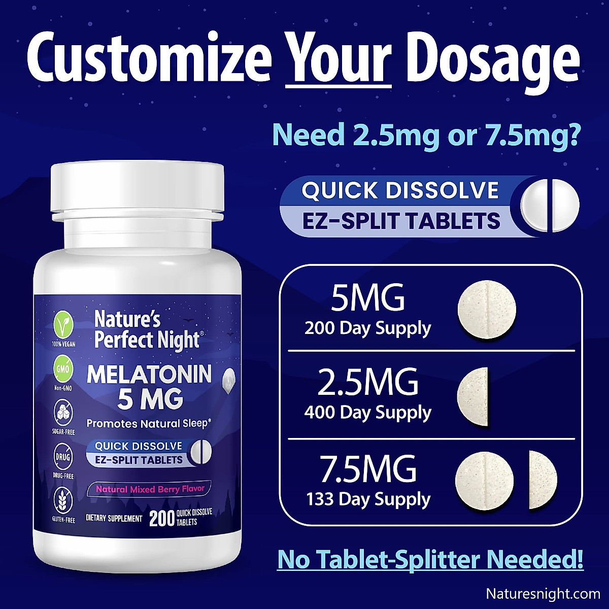Nature's Perfect Night | Melatonin 5mg | 200 Quick Dissolve Tablets | Natural Mixed Berry Flavor |Preferred Potency | Sugar Free | Vegan | Gluten Free | Value Size