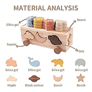 Samonyed Shape Sorter Toys for Toddlers 1-3 Montessori Stack Toy Car for 1 Year OldBaby Blocks Sorting Wooden&Silicone Educational Car Stacking Toys Montessori Toy1 2 3 Year Old Girls Boys Gifts