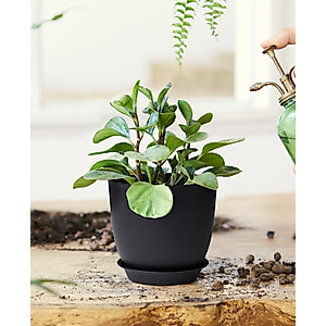 homenote Plastic Planter 7/6/5.5/4.8/4.5 Inch Flower Pot Indoor Modern Decorative Plastic Pots for Plants with Drainage Hole and Tray for All House Plants, Succulents, Flowers, and Cactus, Black