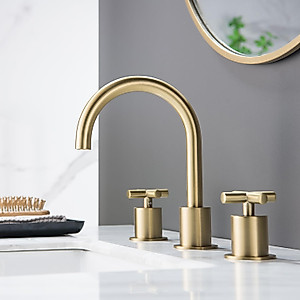 MR. FAUCET 2 Cross-Handle Gold Bathroom Sink Faucets with Waste Drain for 3 Hole 4-16 inch Deck Sink, Solid Brass Brushed Gold