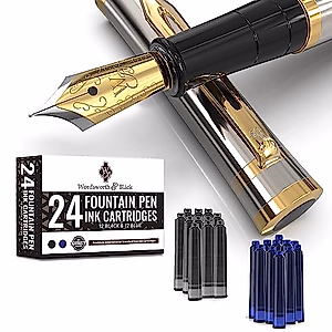 Wordsworth & Black Fountain Pen Set, Medium Nib, Includes 24 Ink Cartridges and Ink Refill Converter, Gift Case, Journaling, Calligraphy, Smooth Writing Pens [Silver Gold], Perfect for Men and Women