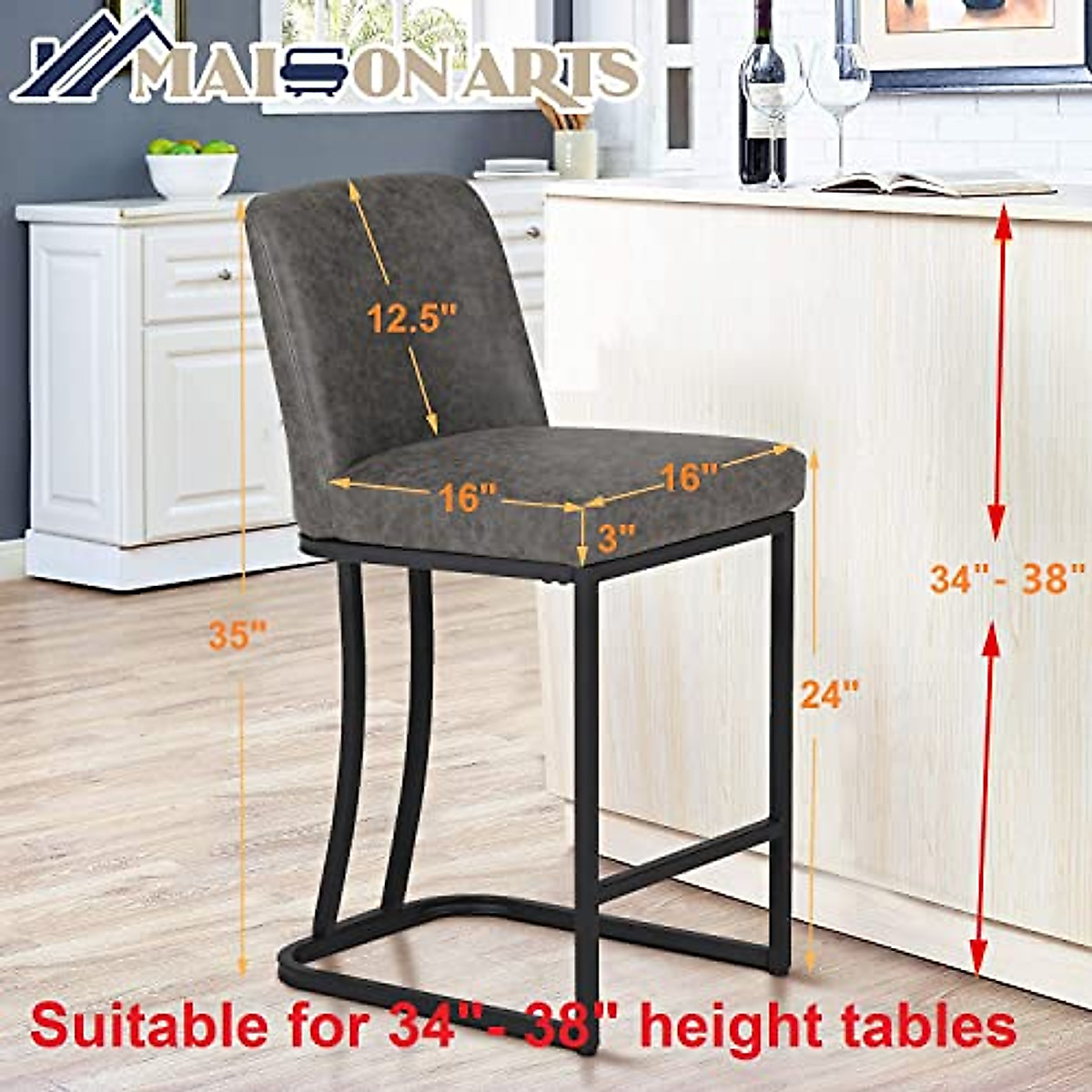 MAISON ARTS Counter Height 24" Bar Stools Set of 3 with Back for Kitchen Counter Modern Upholstered Barstools Faux Leather Farmhouse Bar Chairs Island Stools Support 330LBS, 24 Inch, Grey+Black Frame