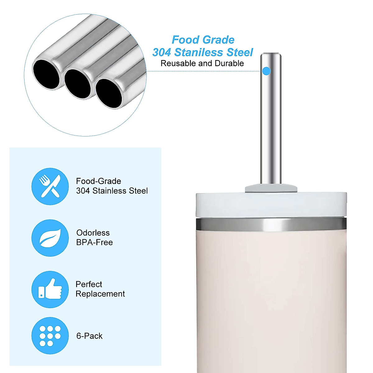 6 Pack Replacement Stainless Steel Straws Compatible with Stanley 40 oz Cup Tumbler, Reusable Straws with Cleaning Brush, Compatible with Stanley Adventure Travel Tumbler (12.5 inch)