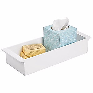 mDesign Deep Bamboo Storage Organizer Tray Bin with Handles, Multipurpose; Use on Bathroom Vanity, Countertop, Toilet Tank - Stackable, 16" Wide - White Wood Finish