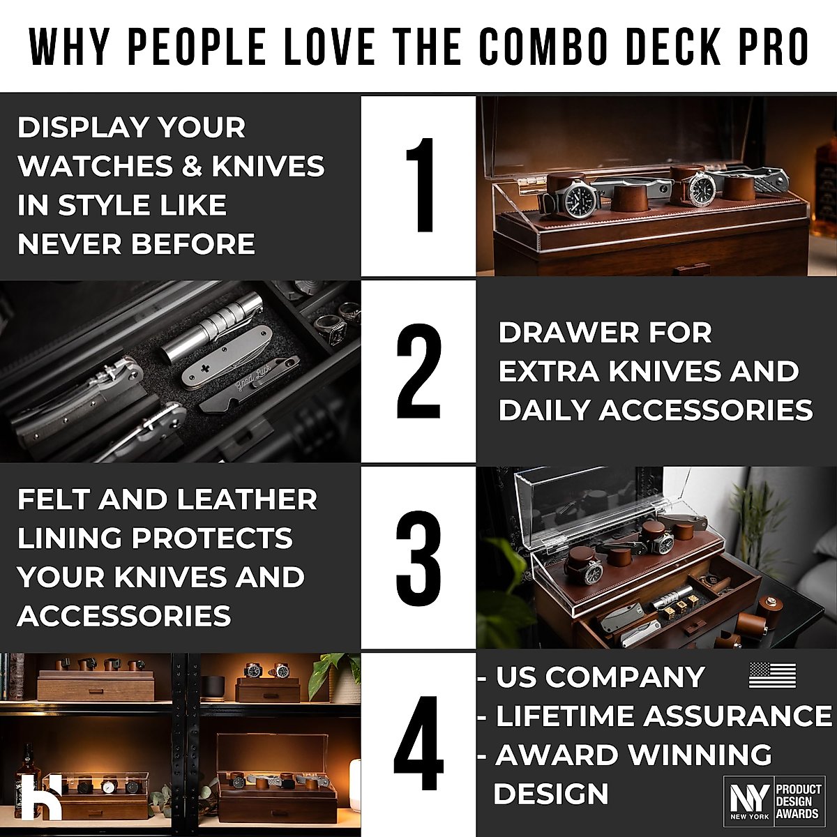 Watch & Pocket Knife Display Case – Switch Up Your Display with the Modular Pillars – Comes with Vegan Leather Padding and 4 Extra Pillars – The Combo Deck Pro – Lifetime Assarance Included