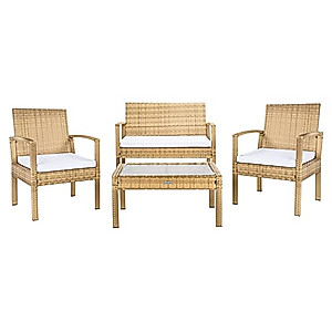 SAFAVIEH Outdoor Collection Bassey Natural/White Cushion 4-Piece Conversation Patio Set PAT7507D