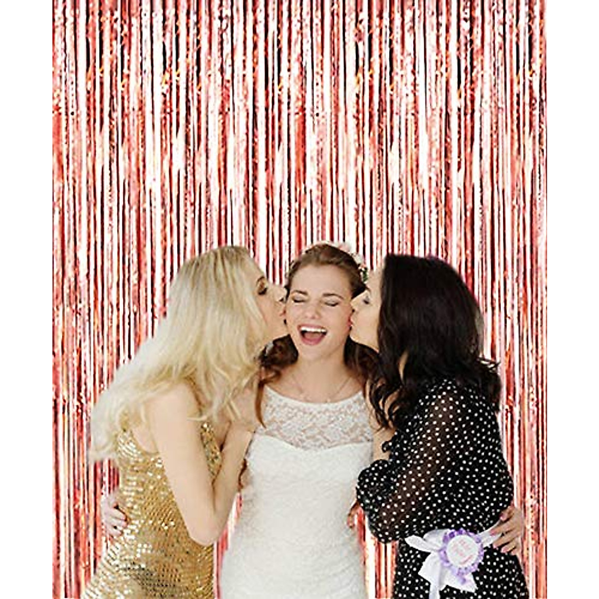 2 Pcs 3.2ft x 8.2ft Shiny Rose Gold Metallic Tinsel Foil Fringe Curtains Photo Booth Backdrop for Birthday Wedding Holiday Celebration Bachelorette Party Decorations (Rose Gold)