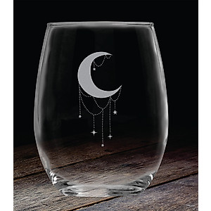 Crescent Moon Crystal - 15 oz Engraved Stemless Glass - Birthday Wine Gift - Love Potion - Mothers Day - Christmas - Apothecary Bar Collection - Full Moon Phase - Celestial Lunar - Witch Vibe - Tarot