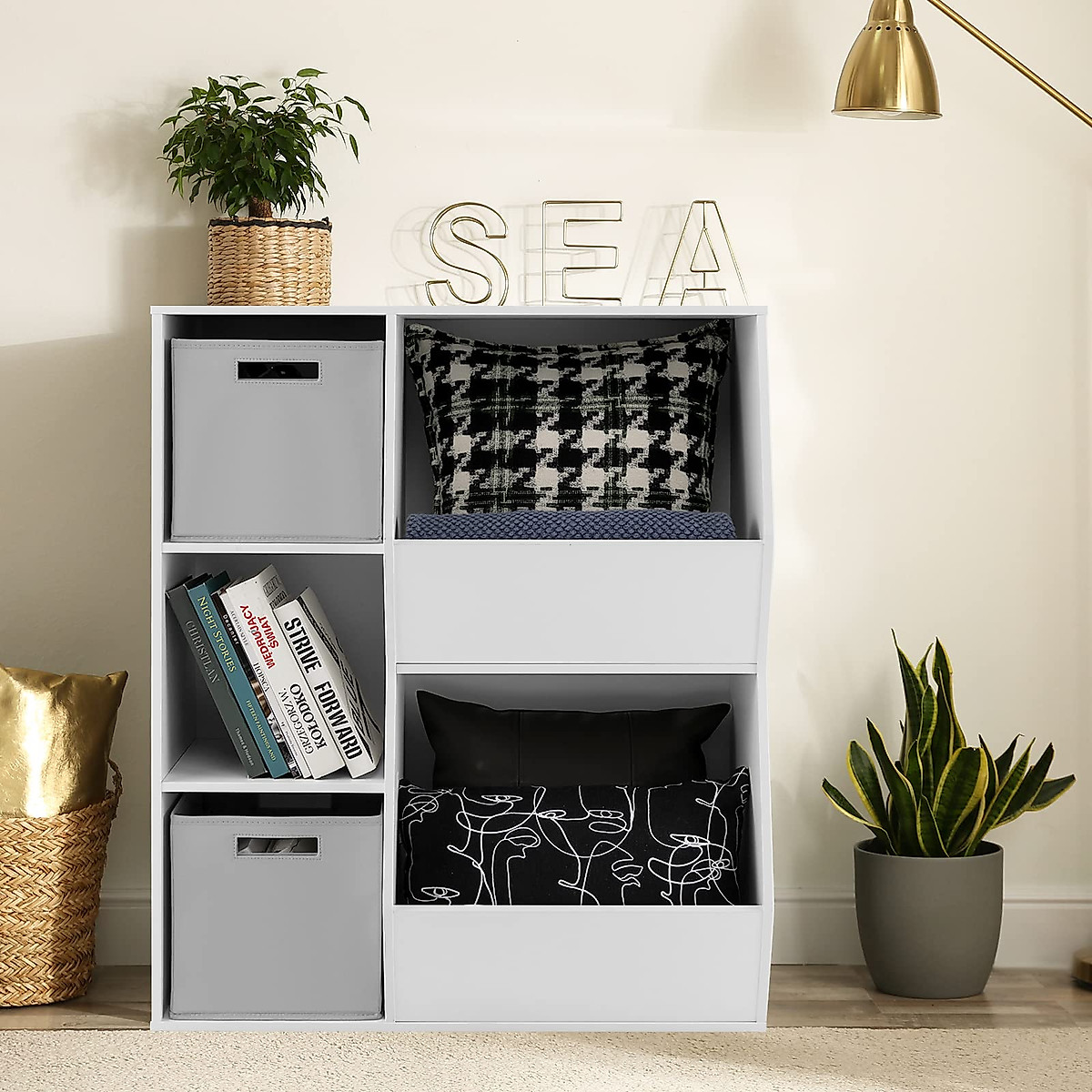 GLACER 5-Cube Kids Toy Storage Organizer, Freestanding Wooden Bookcase Bookshelf w/ 2 Removable & Foldable Bins, Open Multi-bin Storage Display Cabinet for Kids Room, Play Room, Nursery, White