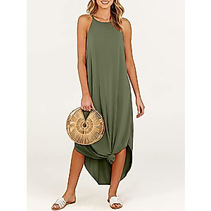 ANRABESS Women's Summer Casual Halter Neck Sundress Sleeveless Split Maxi Long Beach Dress with Pockets 991ganlanlv-M Olive