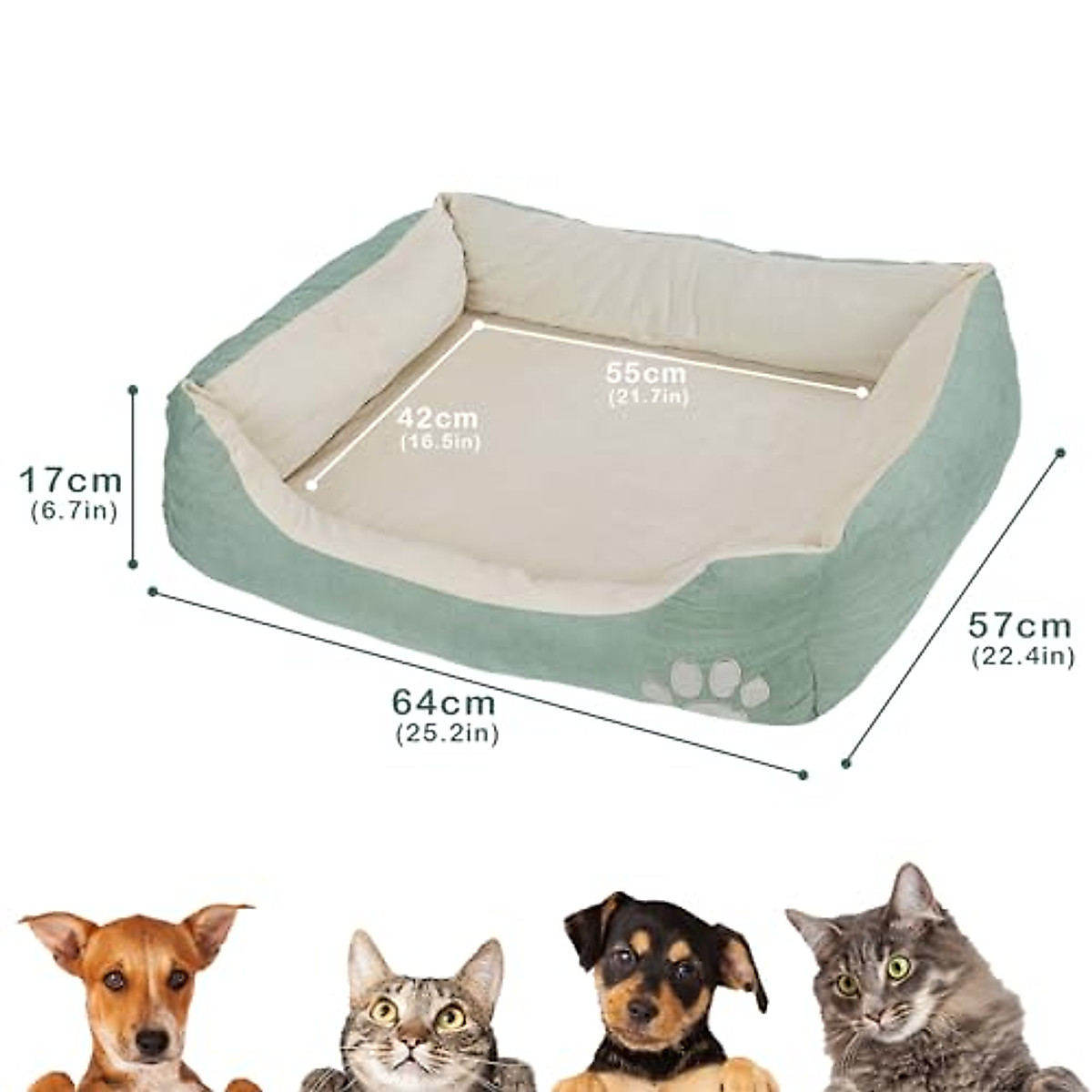 Kphico Pet Bed,25 Inch Rectangle Dog Bed with Non-Slip Bottom and Supportive Side Wall,Removable Washable Side Square Dog Bed for Indoor Medium Dog and Large Cats-Beige Green