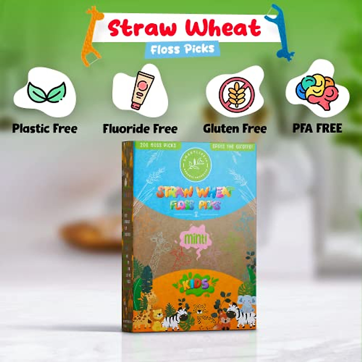 Biodegradable Kids Flossers - Fluoride & Plastic Free | Eco Friendly Dental Floss Picks for Childrens Teeth | Natural Fun Animal Flossing Sticks for Toddlers | Organic & Compostable (200 Pack, Mint)