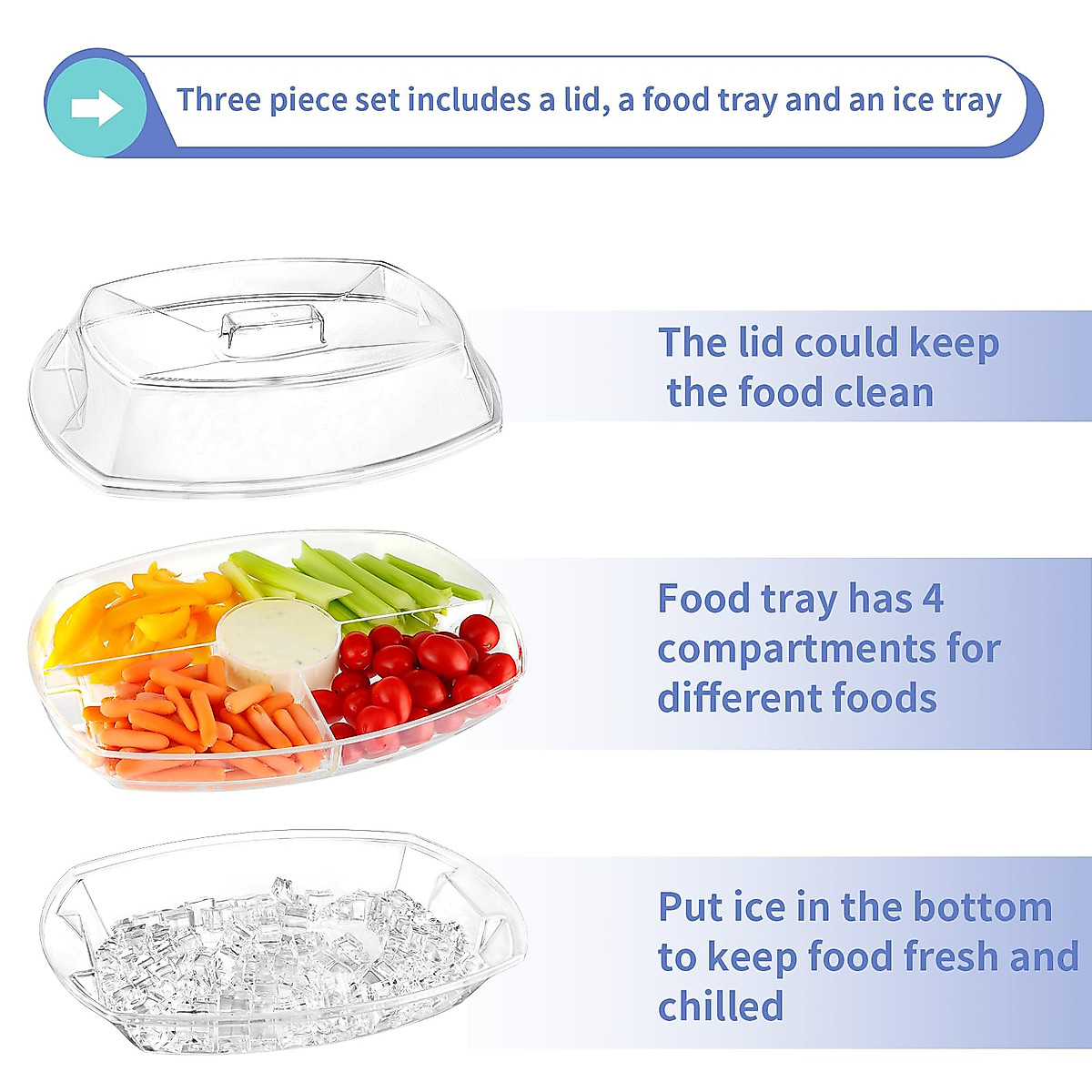 MOLIGOU Chilled Serving Tray, Ice Party Platter with Lid, 4 Compartments Appetizer Serving Tray on Ice