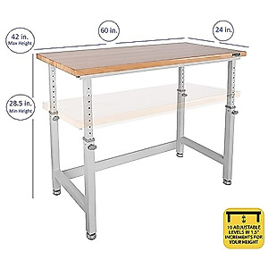 Seville Classics UltraHD Heavy Duty Workbench Table w/Solid Wood Top, 1000 lbs. Weight Capacity Workstation for Garage, Warehouse, Workshop, Granite, 60" W x 24" D x 28.5" to 42" H Desktop