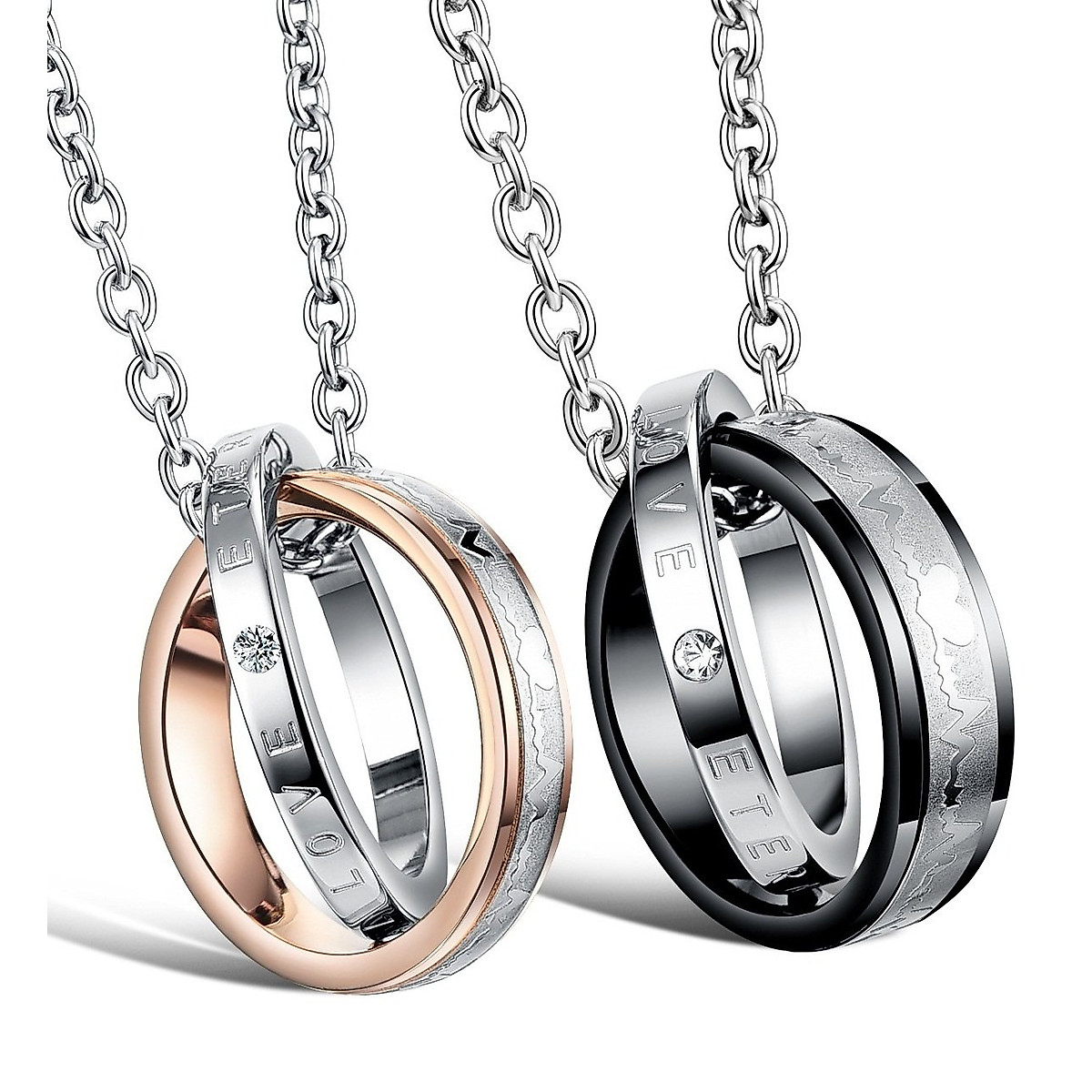 His & Hers Matching Set Titanium Stainless Steel Couple “Heart Beat Chart” Pendant Necklace in a Gift Box
