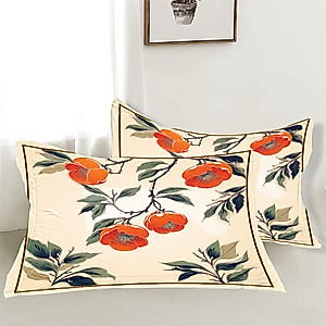 DiuuDi Orange Flowers Duvet Cover Twin Size Light Yellow 3D Printed Duvet Cover Set Orange Blossom Green Leaves Comforter Cover Cozy Quilt Cover with 2 Pillowcases