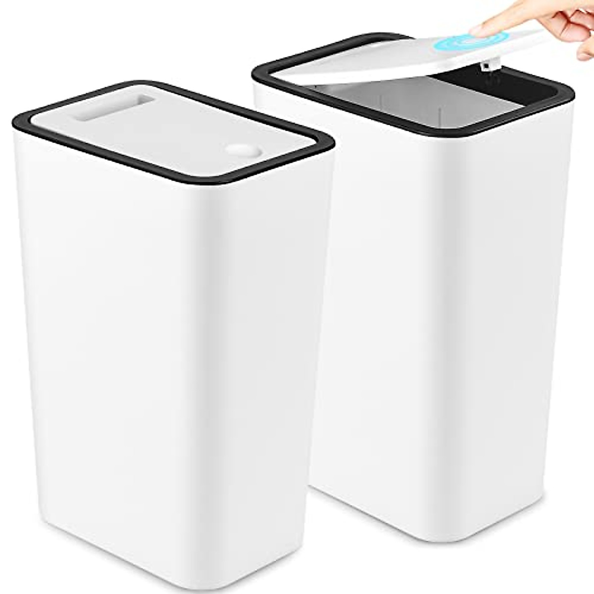 Anzoymx Bathroom Trash Cans with Lids 2 Pack Kitchen Garbage Can 4 Gallons with Pop Up Lid,Small Narrow Waste Basket Dog Proof for Bathroom Kitchen Bedroom Living Room and Office(15L,White)