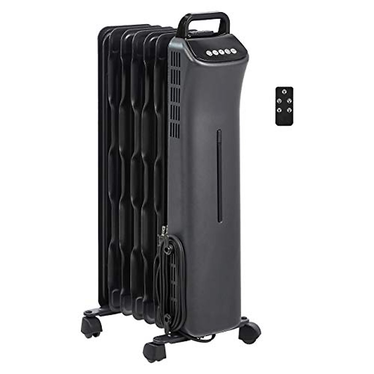 Amazon Basics Portable Digital Radiator Heater with 7 Wavy Fins and Remote Control, Black, 1500W, 9.8 x 26.5 x 13.1 in