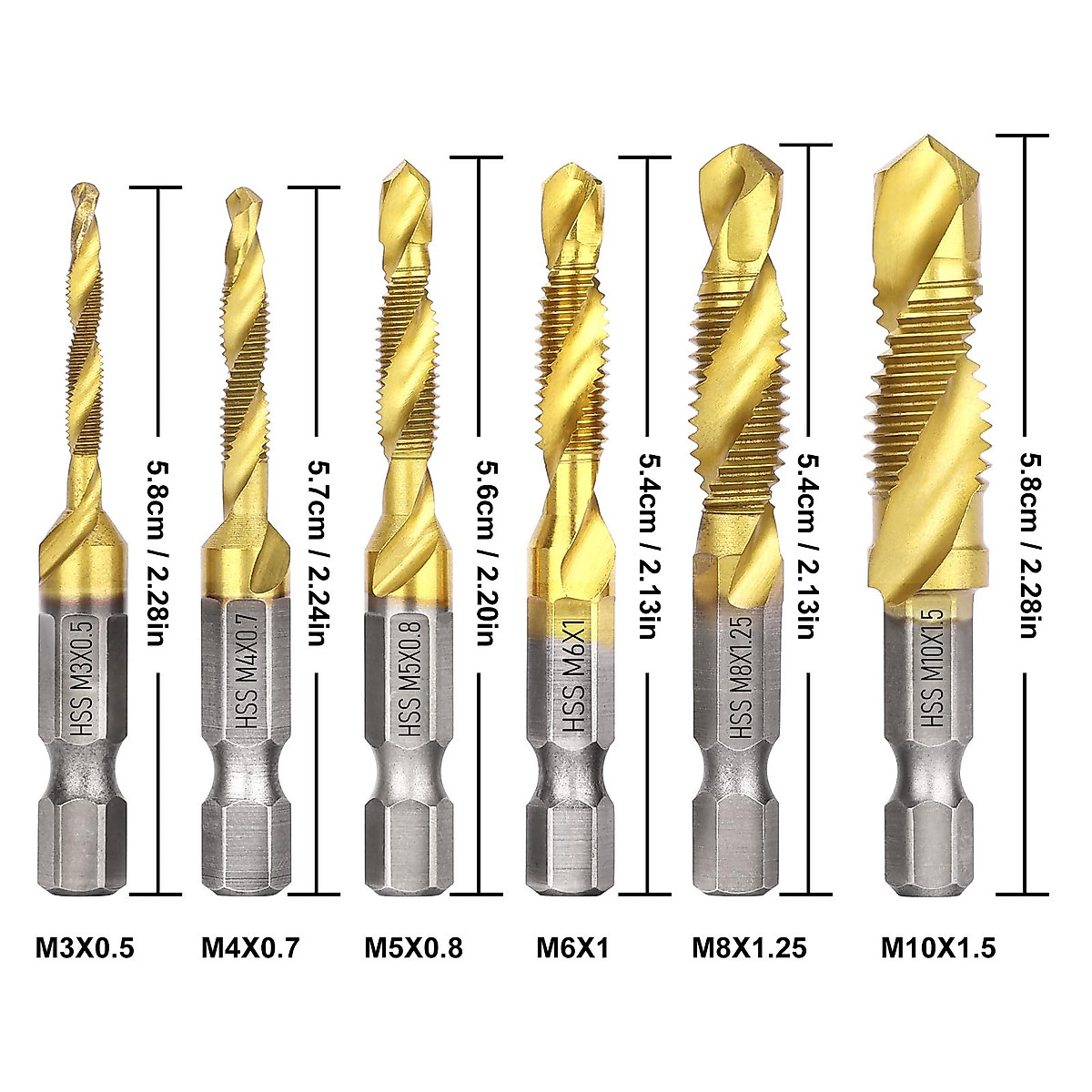 Drill Tap Set, Valkynos 6 Packs Titanium Plated Combination Taps Drill Bit Set, M3 M4 M5 M6 M8 M10 Hex Shank HSS Screw Thread Metric Compound Tap Drill Bits Metal Drilling