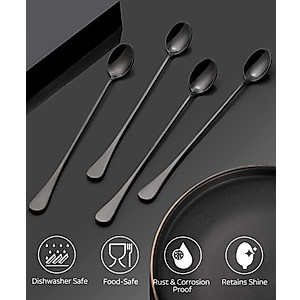 Lovingly Yours 9.5-Inch Long Handle Ice Tea Spoons, Ice Cream Spoons, Black Long Coffee Spoons, Stainless Steel Long Spoons for Stirring, Set of 4
