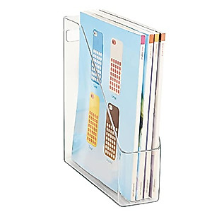 mDesign Plastic Slim Vertical File Folder Bin Storage Organizer with Handle - Hold Notebooks, Binders, Envelopes, Magazines for Home Office, Work Desktops, Ligne Collection, 2 Pack - Clear