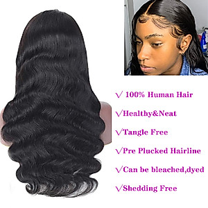Body Wave Lace Front Wigs Human Hair 20 Inch Glueless 4X4 Lace Closure Wigs Human Hair for Black Women 180% Density Brazilian Virgin Hair Pre Plucked Bleached Knots with Baby Hair (Natural Color)