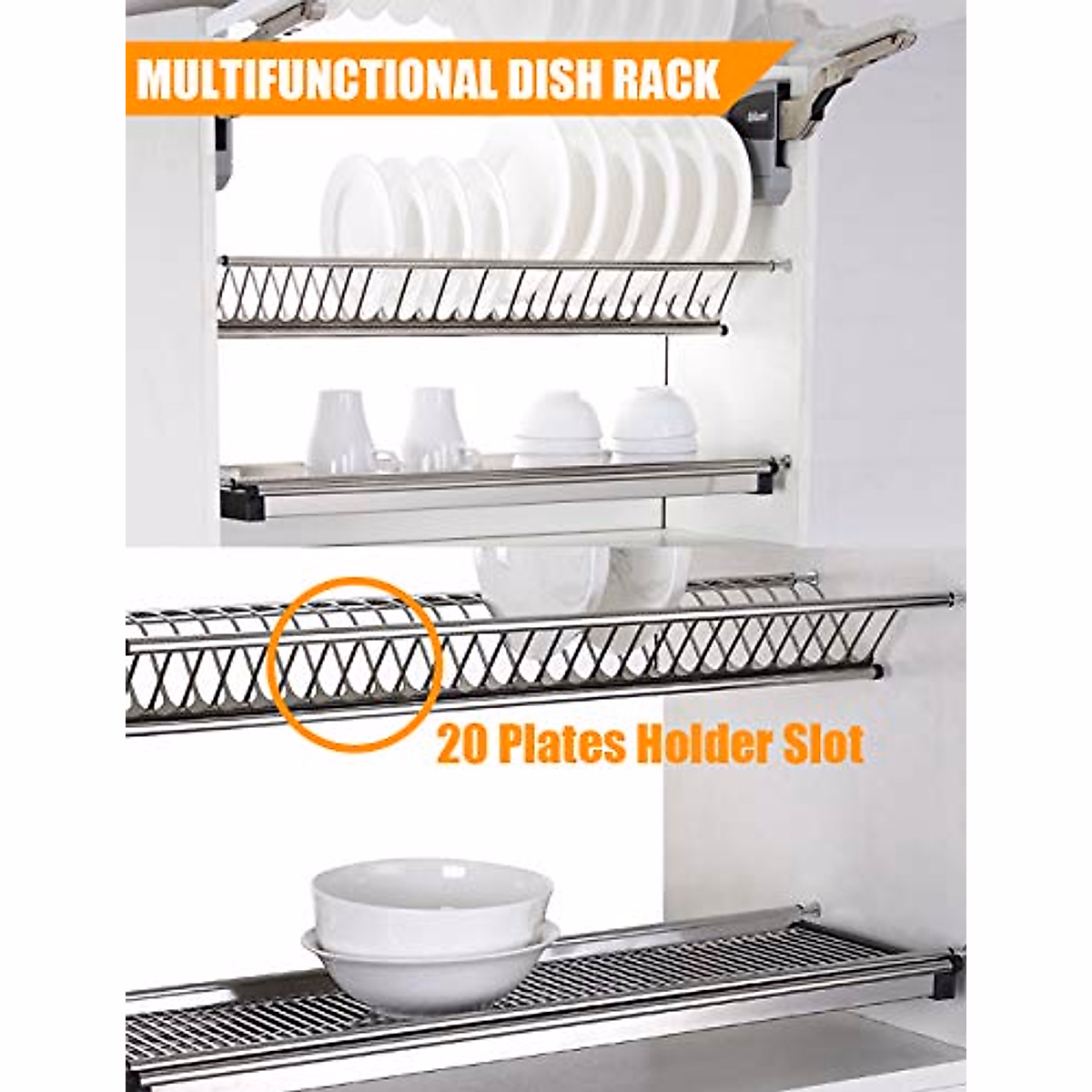 Kitchen Hardware Collection 2 Tier Cabinet Dish Drying Rack Stainless Steel 22.24 Inch Length 20 Dish Slots Kitchen Plate Bowl Utensils Cups Draining Rack Organizer with Drainboard