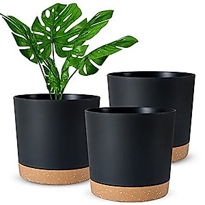 Whonline 3 Pack 8" Plant Pots Indoor, Black Plastic Flower Pots with Drainage Holes and Saucers, Modern Planters for Indoor Plants, Succulents, Flowers, Outdoor Clearance