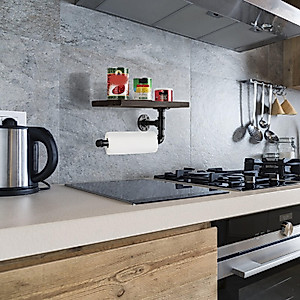 Industrial Wall Paper Towel Holder Wood & Pipe Floating Shelf Vintage Hand Roll Paper Towel Holders Stand Wall Mounted Toilet Paper Storage Rack for Bathroom, Kitchen, Washroom(Rustic Brown)