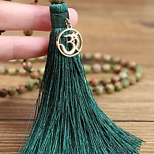 COAI OM Charm Hand Knotted Tassel Unakite Stone 108 Mala Beads Necklace 8mm