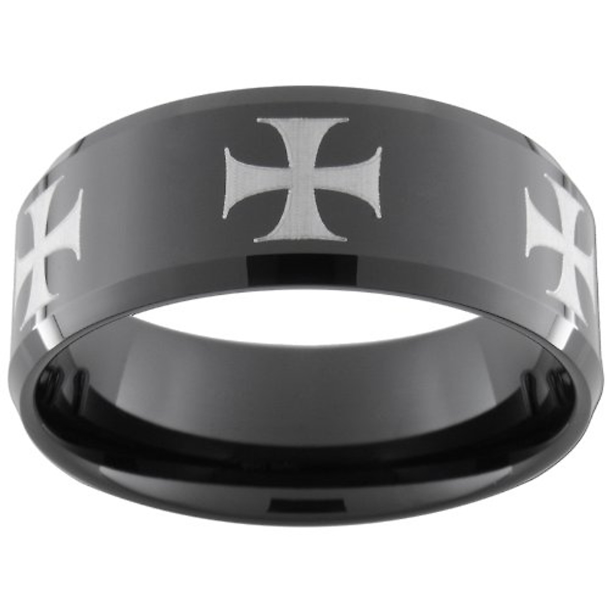 10mm Black Tungsten Carbide Ring with Beveled edge and Multiple Maltese Crosses Size 13