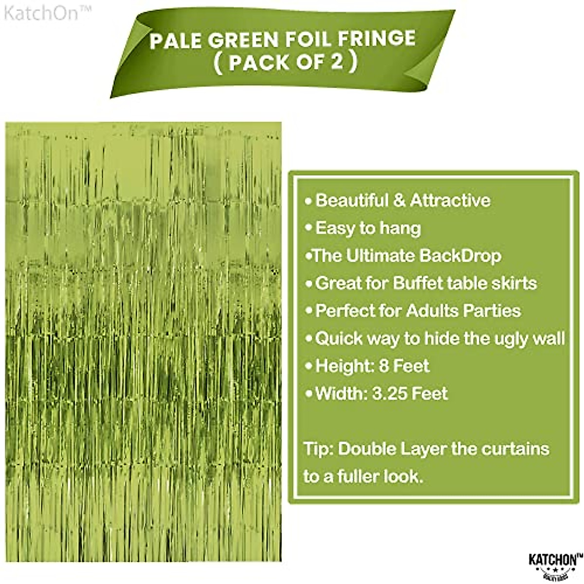 KatchOn, Sage Green Foil Fringe Curtain - XtraLarge 6.4x8 Feet Pack of 2, Green Backdrop | Light Green Foil Fringe Curtain, Green Birthday Decorations | Frog Birthday Decorations | Lime Green Backdrop