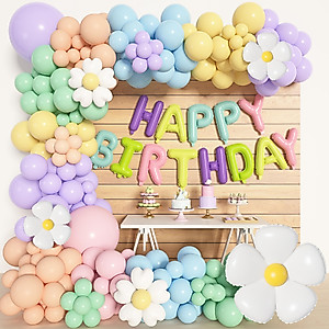 Ouddy Life 176Pcs Daisy Balloon Garland Arch Kit, Boho Pastel Groovy Macaroon Colors Latex White Daisy Balloons for Birthday Princess Theme Baby Shower Wedding Party Decorations