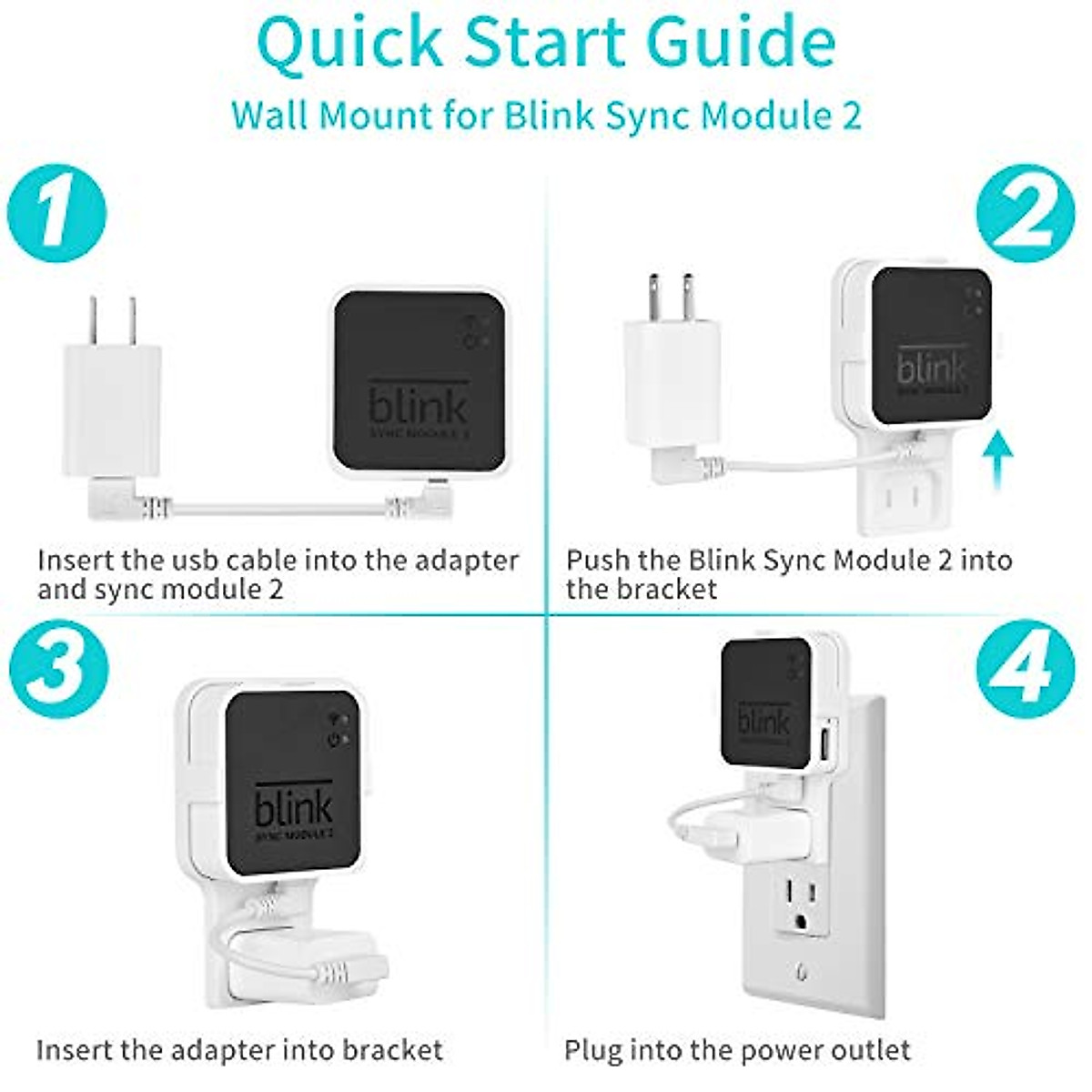 Outlet Wall Mount for Blink Sync Module 2, Mounting Bracket Holder with Short Cable for All-New Blink Outdoor Indoor Home Security Camera Sync Module, No Messy Wires or Screws