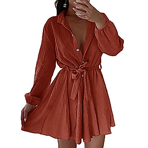 Foshow Womens Button Down V Neck Dresses Tunic Tie Waist Swing Mini Dress Casual Solid Long Sleeve Shirt Tops with Belt Brick Red