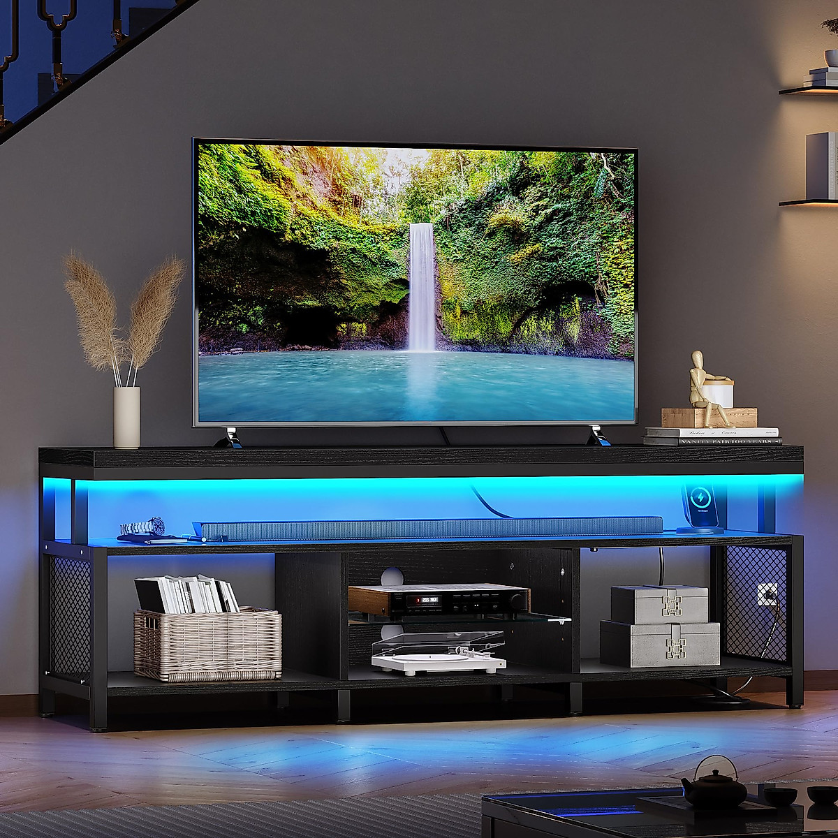 DWVO LED TV Stands for Living Room, Entertainment Center with Storage, TV Stand for 70 65 inch TVs, TV Console Cabinet with Power Outlet, Gaming Media Stand, Black