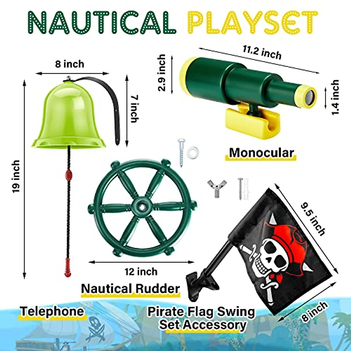 Junkin 4 Pcs Outdoor Playground Accessories for Kids Pirate Playground Equipment Set Include Pirate Ship Wheel Flag Bell Telescope for Swing Set Playhouse Backyard Tree House Jungle Gym Pirate Ship