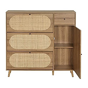 Henf Rattan Shoe Cabinet,Shoes Storage Cabinet with 3 Flip Drawers & Boot Rack,Freestanding Modern Shoes Organizer with Wood Legs, Entryway Shoe Rack Cabinet for Heels,Boots,Slippers (Wood Grain)