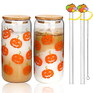 ANOTION Fall Glass Cups with Lids and Straws - Autumn Thanksgiving Halloween Gifts for Women - 2 Pack 18oz Fall Smile Pumpkins Mug, Pumpkin Glass Jar Drinking Glasses Iced Coffee Cup, Halloween Decor