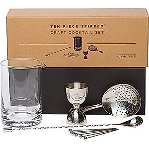 A Bar Above Diamond Cut Mixing Glass + 10pc Bar Set (Silver Bundle) - Professional Bar Mixing Glass + 10 Piece Stirred Craft Cocktail Set w/Mixing Glass, Bar Spoon, Bell Jigger, Cocktail Picks & More