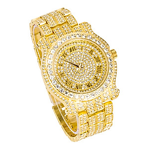 Techno Pave Men's 45mm Iced Out Roman Dial Watch with Bracelet Set - Gold Dial with Big Cuban Bracelet