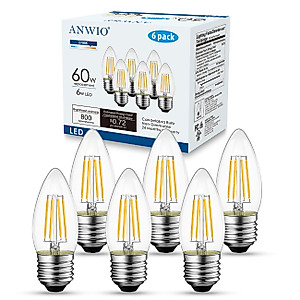 ANWIO B11 Filament Bulb E26 Base Non-Dimmable 6W(60W Equivalent) 2700K Warm White Chandelier Decorative Candle Light Bulb 6 Pack