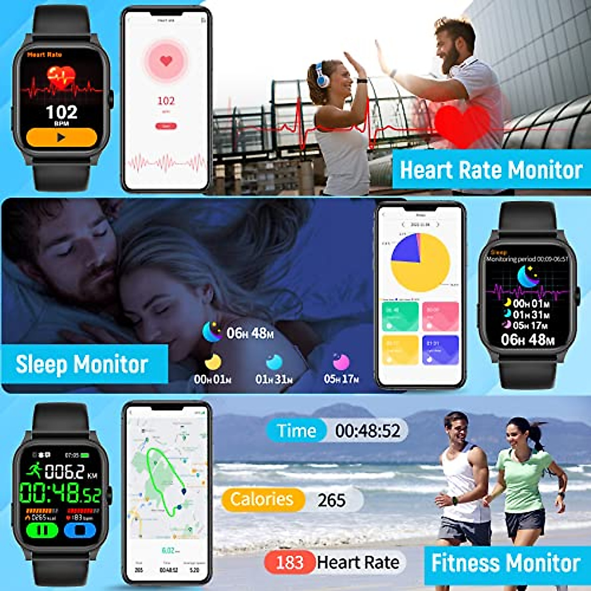 Smart Watches for Women Men (Answer/Make Call), 1.81'' Touch Large Screen, Fitness Tracker Watch, Heart Rate Monitor, Step Counter, Activity Trackers Smartwatches iOS Android, 2 Charging Cables, BLACK