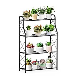 LASZOLA 4 Tier Metal Plant Stand Shelf for Indoor Outdoor Plants Multiple, Plant Stand Planter Flower Pot Holder Display Rack Multiple Shelves Holder for Patio Garden Corner - Black