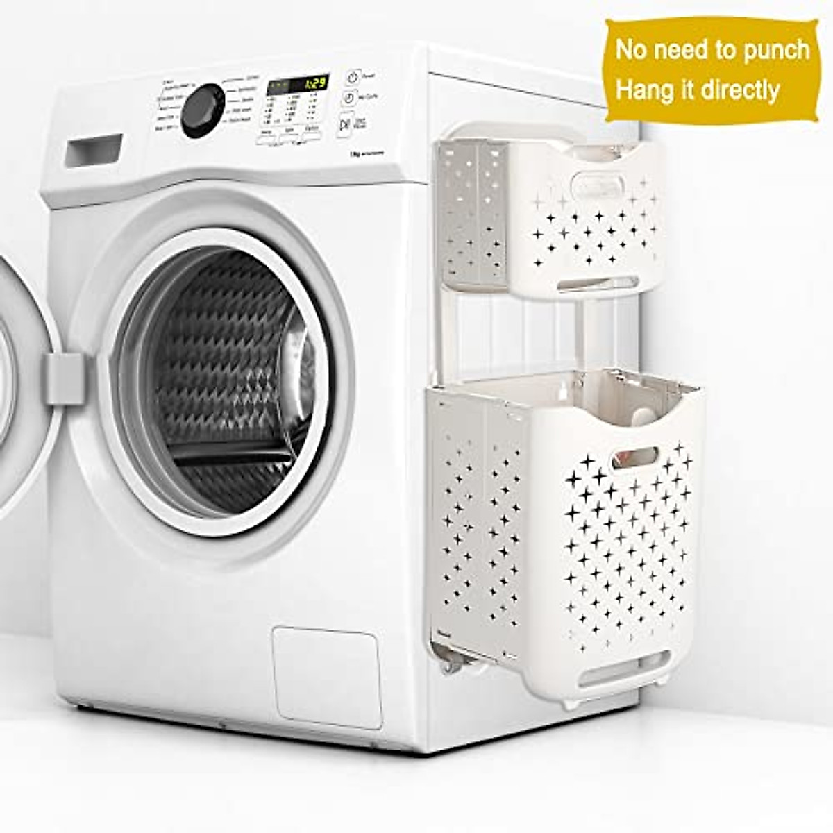 BTSKY Plastic Collapsible Laundry Baskets Wall Hanging Dirty Clothes Hamper with Hidden Pull-rod Multifunctional Plastic Laundry Baskets for Laundry Room Organization Bathroom Hotel and Camping, White