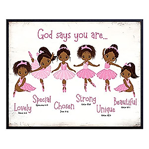 Black Afro African American Girl Wall Art - God Says You Are Christian Bible Verses - Religious Room Decor - Toddler, Little Girls Bedroom Decor - Pink Ballerina Baby Room Decorations - Daughter Gifts