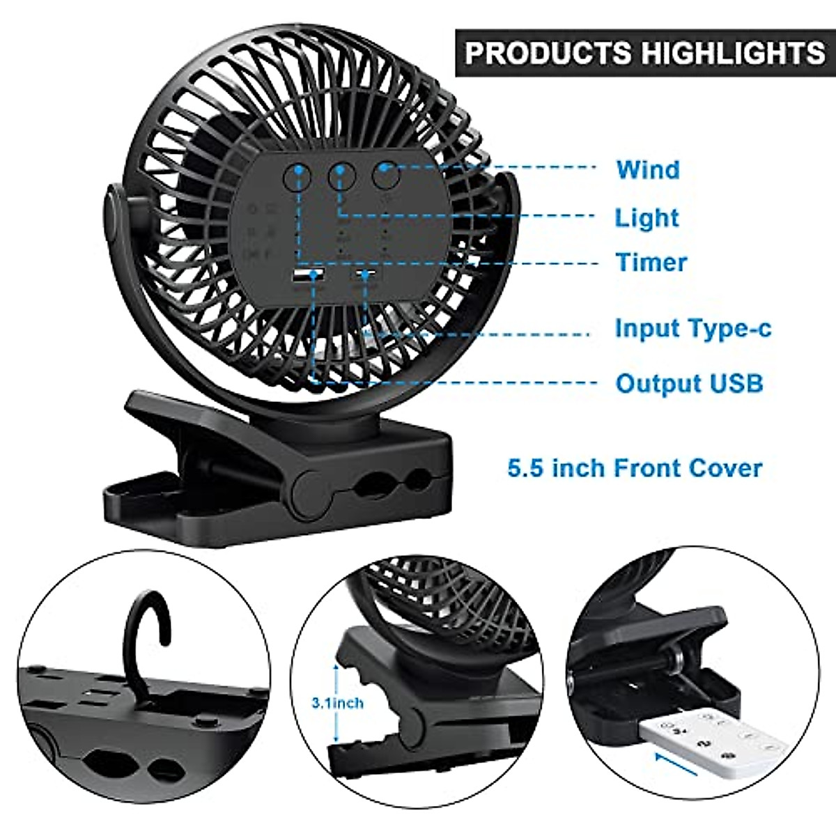Portable Fan with Remote Control & Timer & LED Lights, 60hrs 12000mAh USB Rechargeable Battery Fan Could Clamp/Hanging/Stand Up, Small Clip on Fan for Baby Stroller, Bed, Desk, Camping Tent, Trave